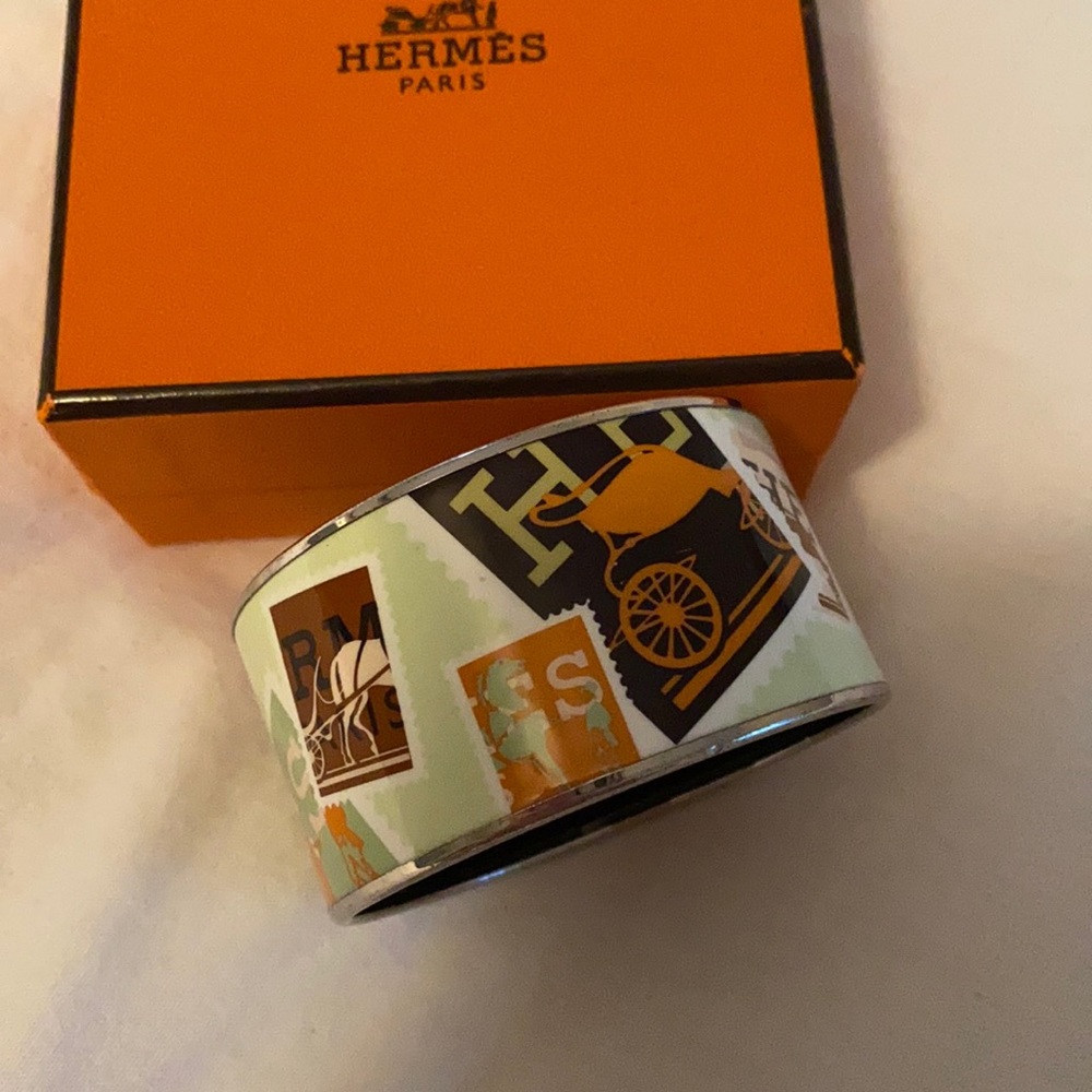 Authentic Hermes Wide Stamps Logo Enamel Bracelet - Gem